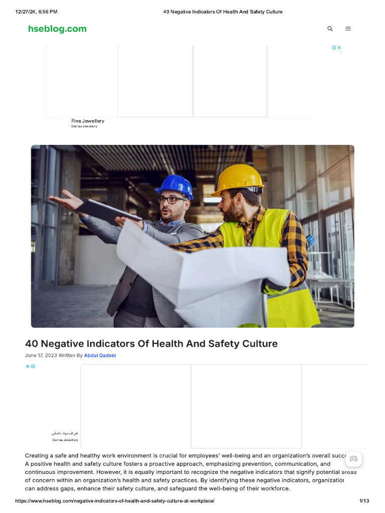 40 Negative Indicators of Health and Safety Culture | PDF
