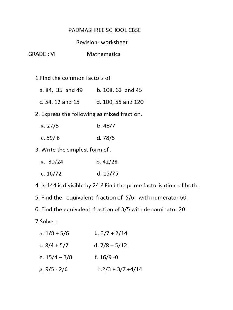 Grade 6 Math PA3 Revision Worksheet | PDF
