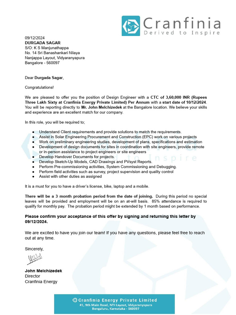 Job Offer Design Engineer SAGAR | PDF | Employment | Confidentiality