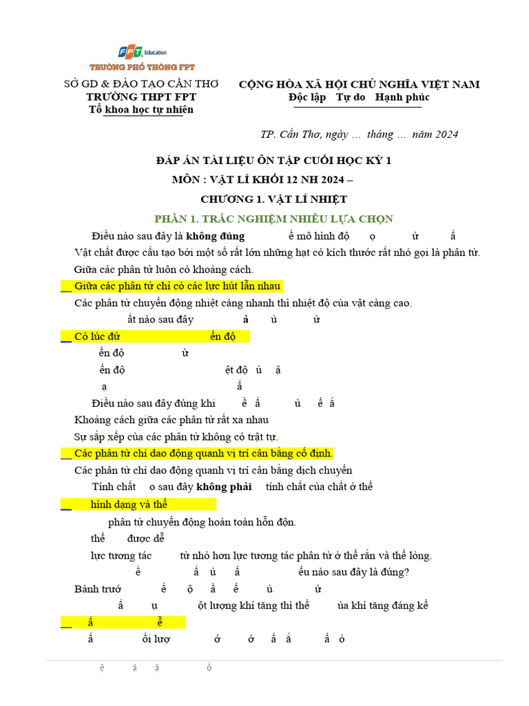 (CK1-K12) Đáp Án Đề Cương Môn Vật Lí | PDF