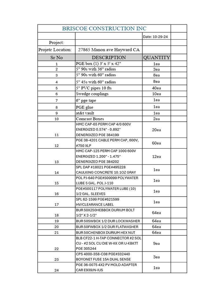 Joint Trench Work Material List | PDF | Electrical Components ...