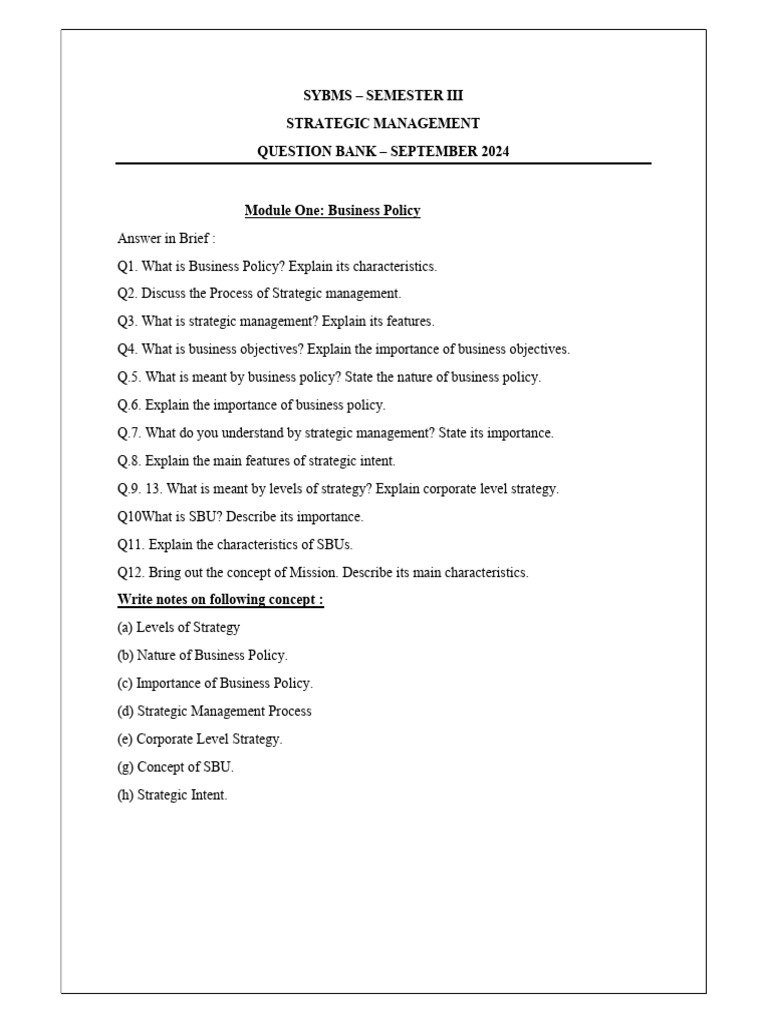 Qb Sybms Strategic Sept 2024 | PDF | Strategic Management | Swot Analysis