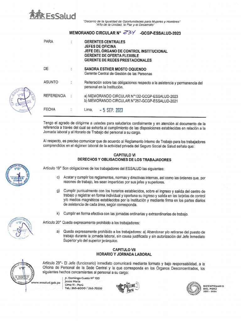 MEMORANDO CIRCULAR #234-GCGP-ESSALUD-2023 - Obligaciones Sobre Asistencia de Personal y ...