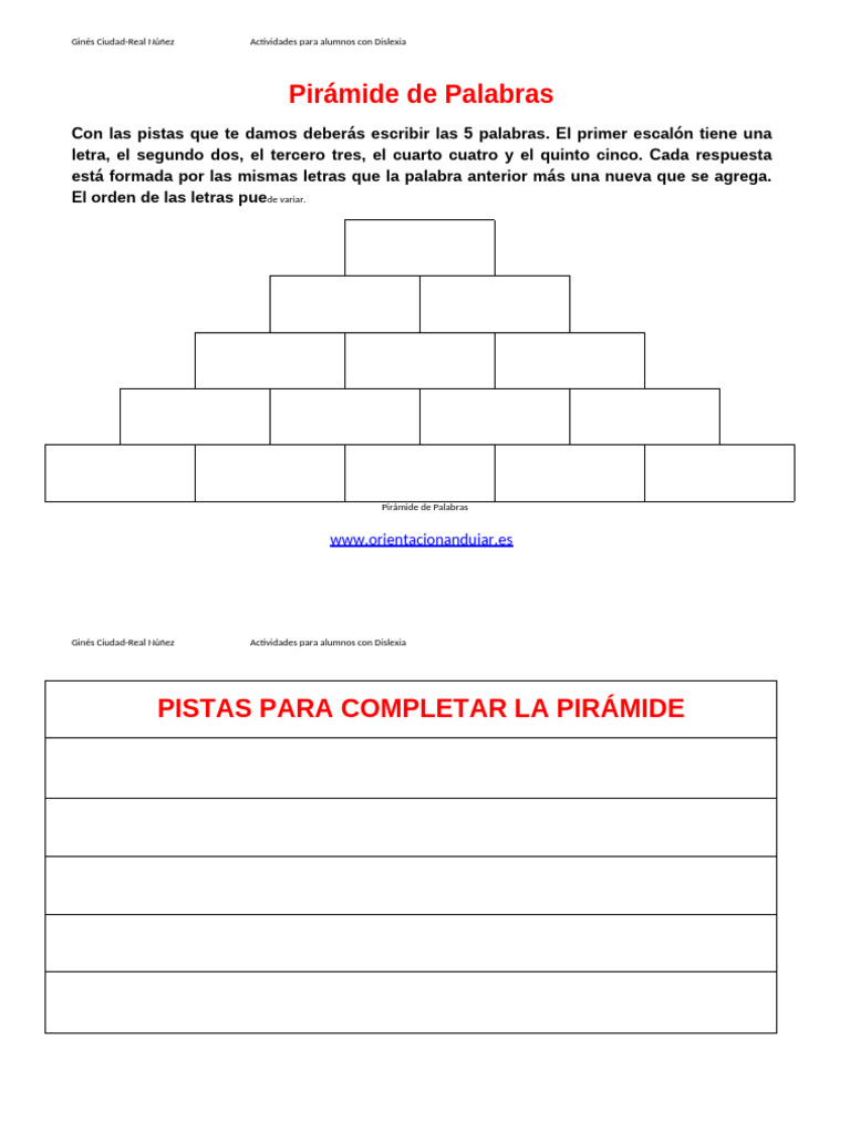 Actividades Dislexia Pirámide de Palabras Plantilla | PDF