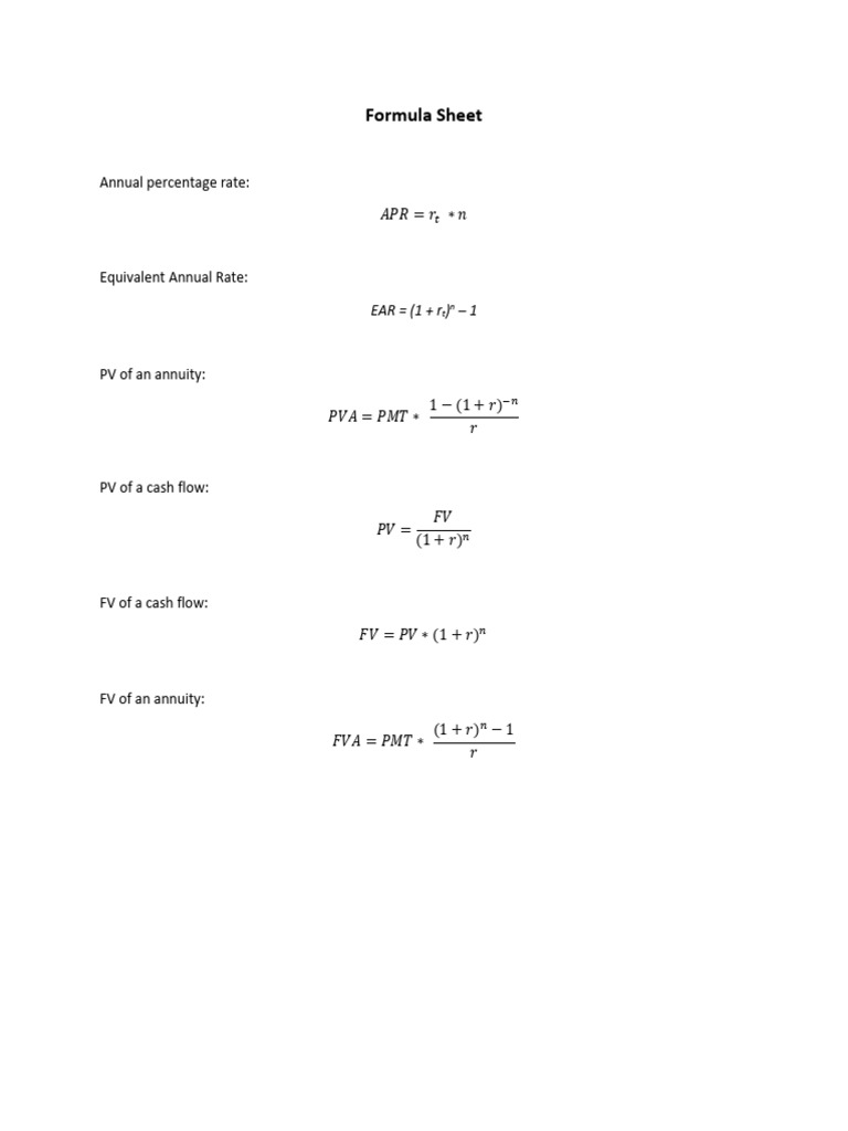 Formula Sheet Final Exam Dec 2024 | PDF