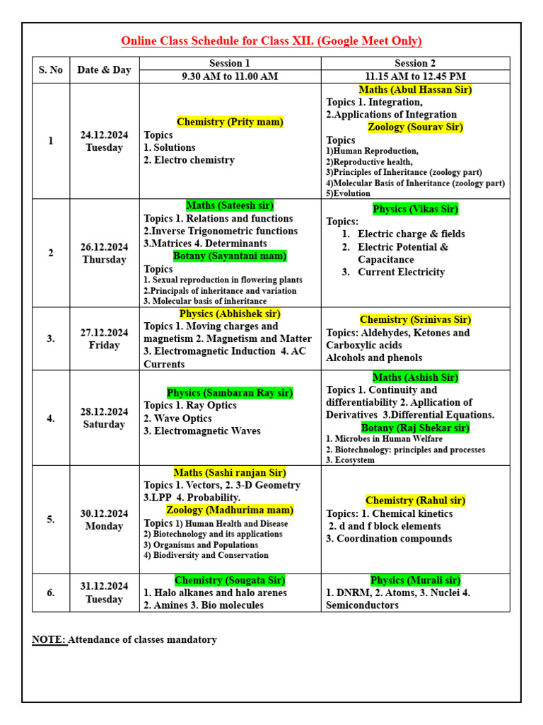 Online Class Schedule for Class XII | PDF | Chemistry | Molecules