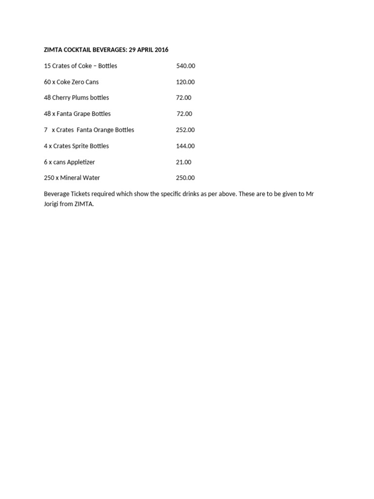 Zimta Cocktail Beverages | PDF