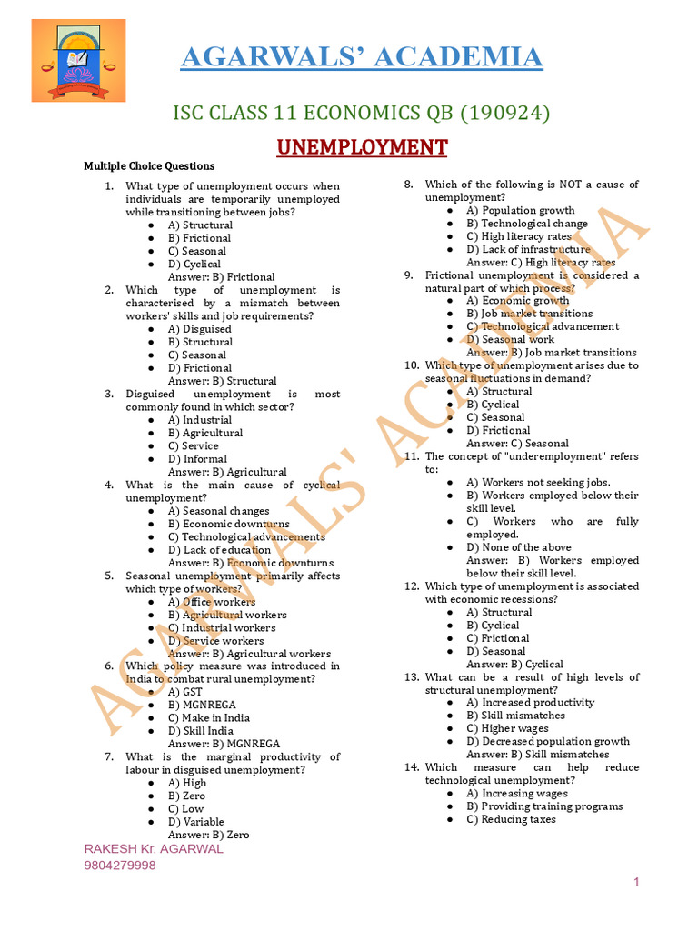 Unemployment Types for Class 11 Economics | PDF | Unemployment ...