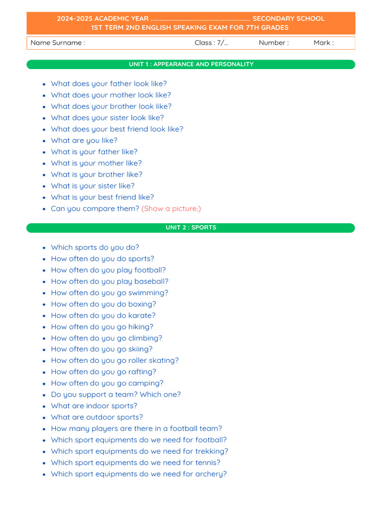7.sinif Ingilizce 1.donem 2. Konusma Sinav Sorulari by Ibrahim Coskun | PDF