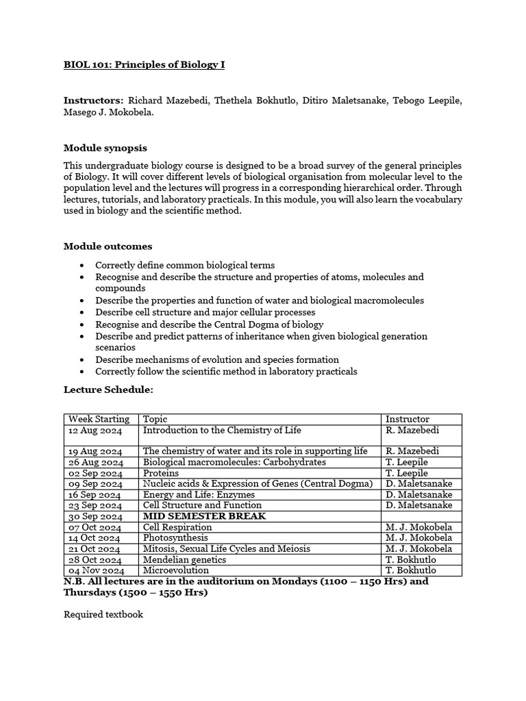 BIOL 101 - Module Synopsis-2024 | PDF | Biology | Cell (Biology)