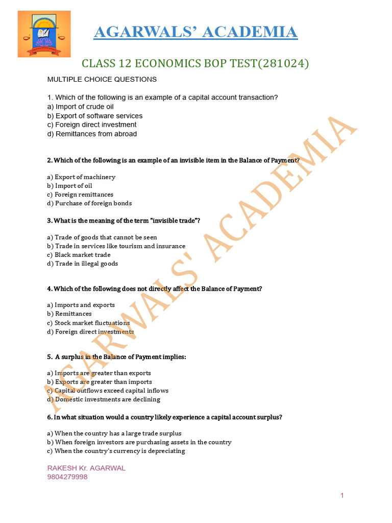 Class 12 BOP Exam Questions | PDF | Exchange Rate | Balance Of Payments
