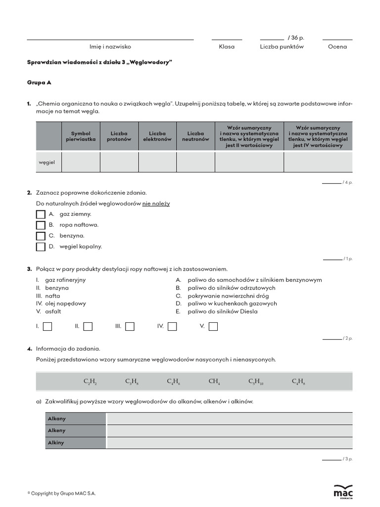 Chemia 8 MAC - Weglowodory - 1 | PDF
