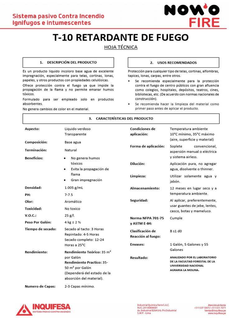 Hoja Técnica - T-10 Retardante de Fuego - Ver 2020 | PDF | Agua | Textiles
