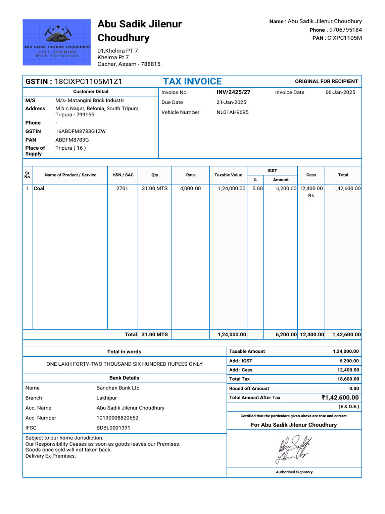 Invoice INV 2425 27 M S Matangini Brick Industri Matangini Brick ...