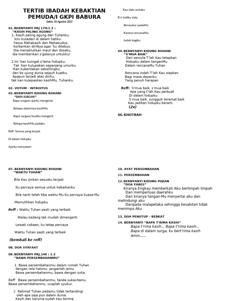 Tata Ibadah Kebaktian PP 05 Agustus 2023 | PDF