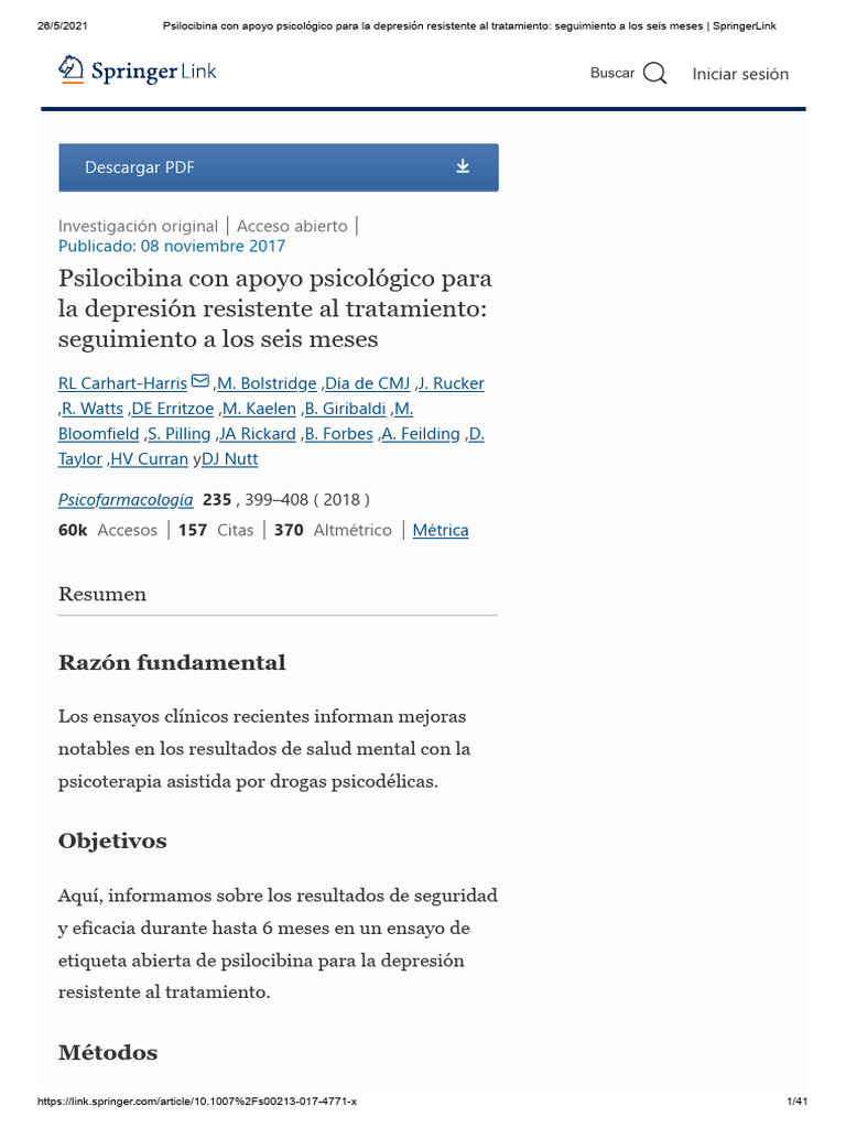 Psilocibina Con Apoyo Psicológico para La Depresión Resistente Al Tratamiento - Seguimiento A ...