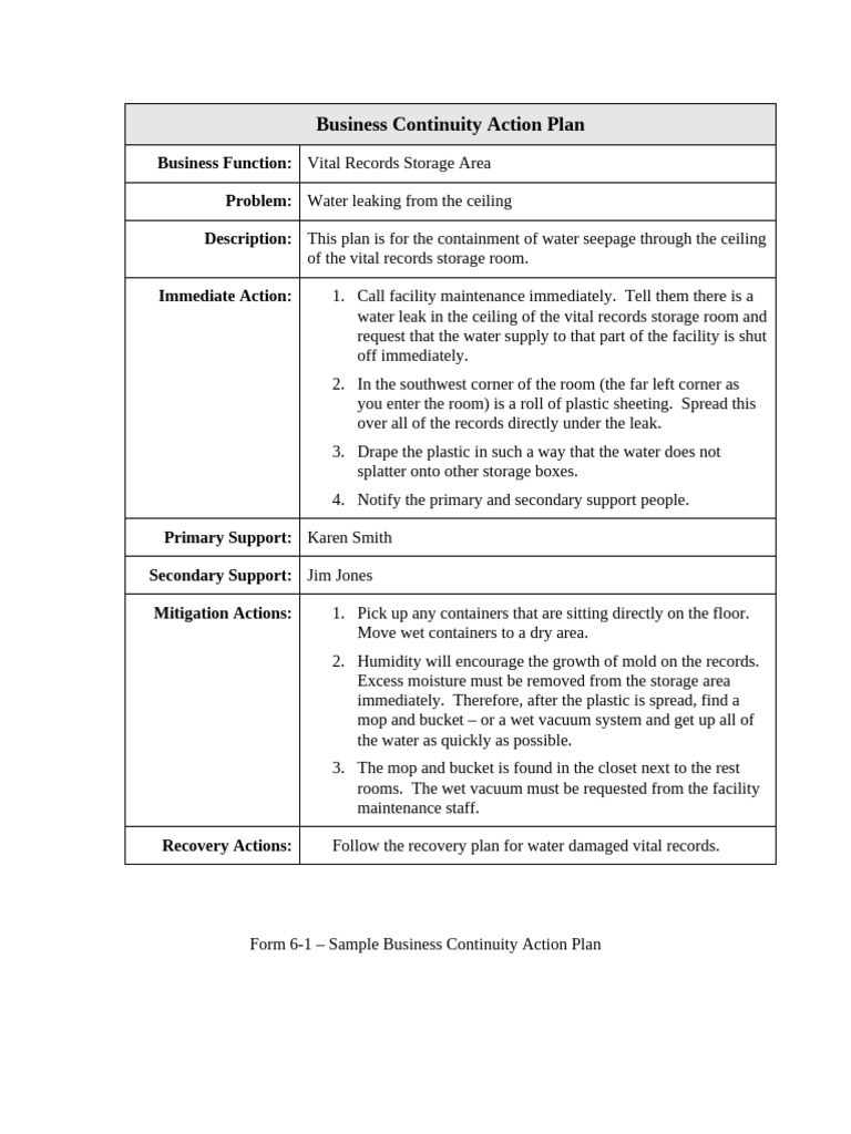 Form 6-1 Sample Business Continuity Action Plan | PDF