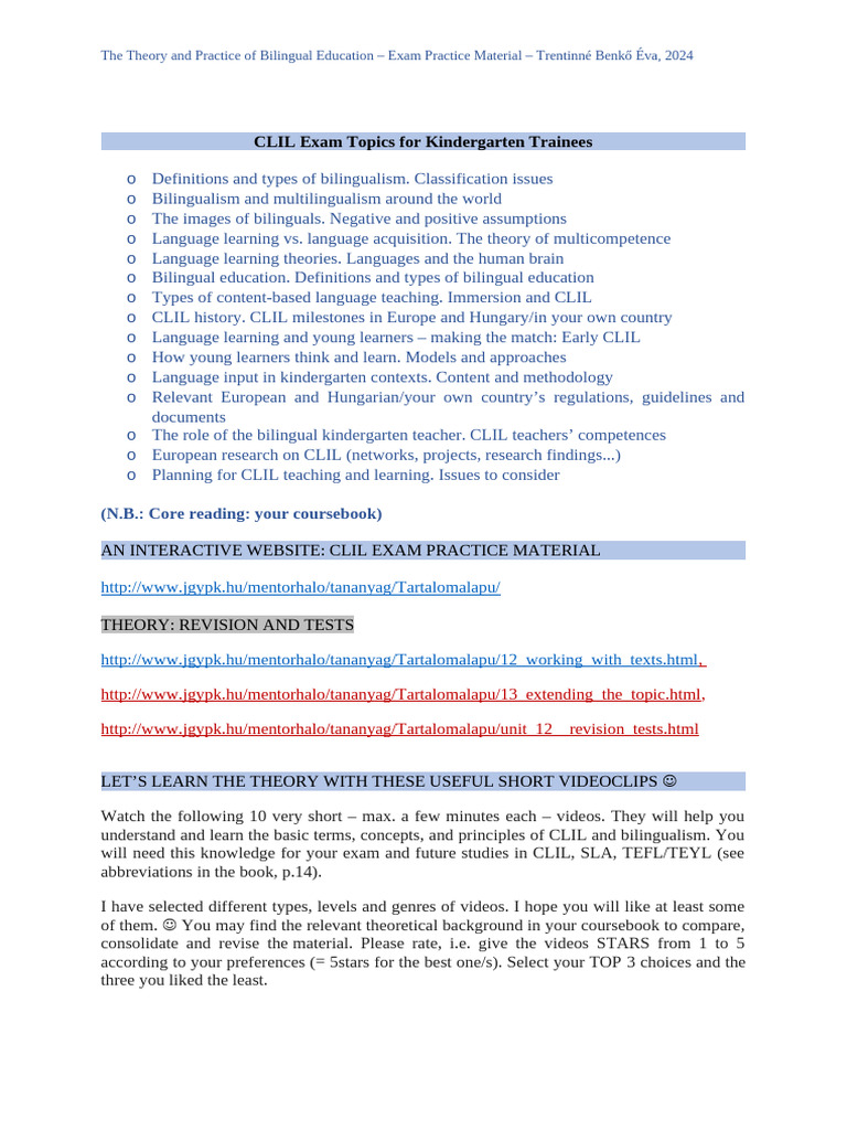 CLIL Exam Preparation Kindergarten Teachers | PDF | Multilingualism | Second Language Acquisition