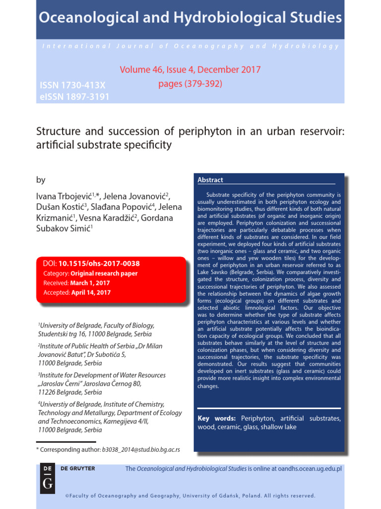 Structure and Succession of Periphyton in An Urban Reservoir Artificial ...