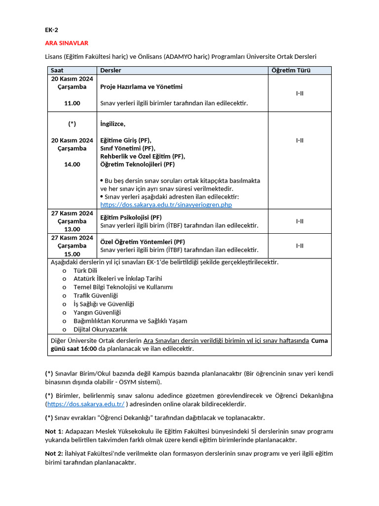 EK2 2024-2025 Guz Donemi Vize-Final-Butunleme Sinav Programi Lisans | PDF