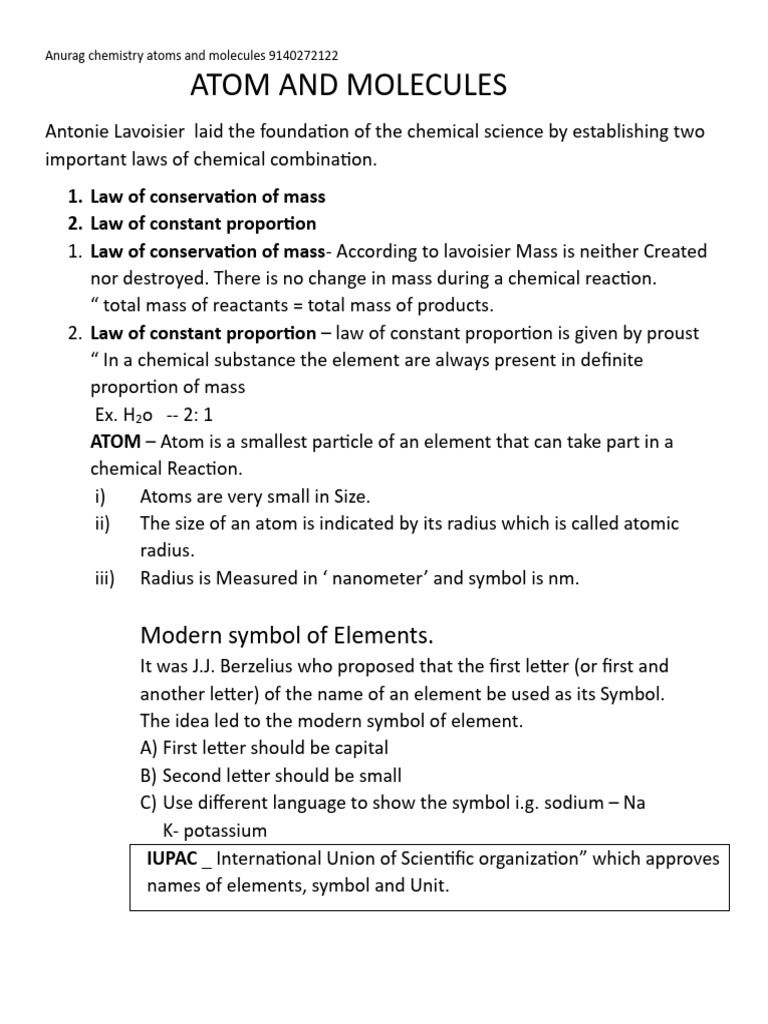 ATOM AND MOLECULES class 9th | PDF | Ion | Chemical Compounds