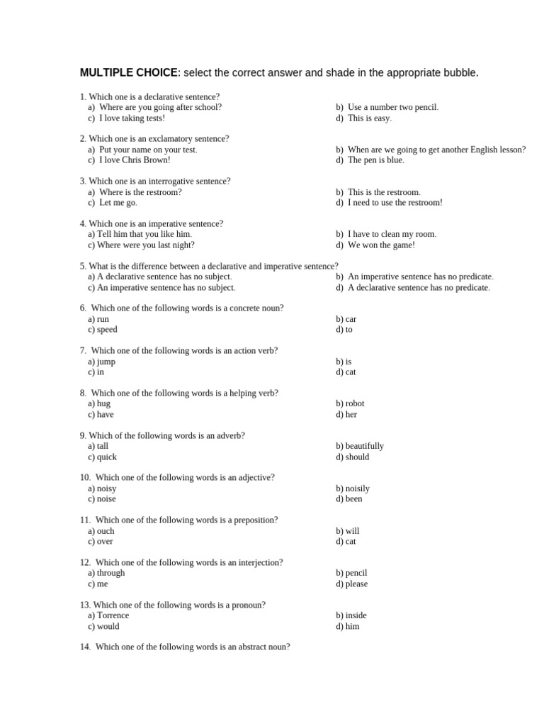 Parts of Speech Multiple Choice Quiz | PDF | Part Of Speech | Adverb