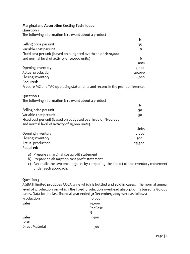 Marginal and Absorption Costing Question-1 | PDF | Cost | Profit ...