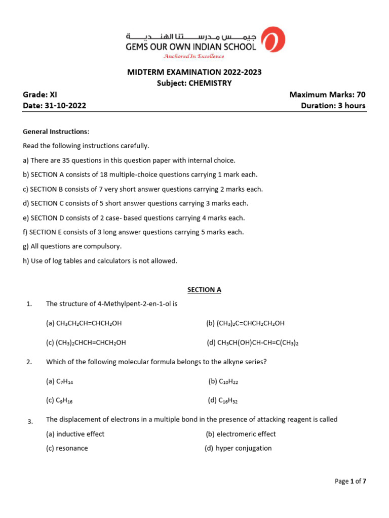 Grade 11 Chemistry Midterm QP 2022-23 | PDF | Ion | Methyl Group