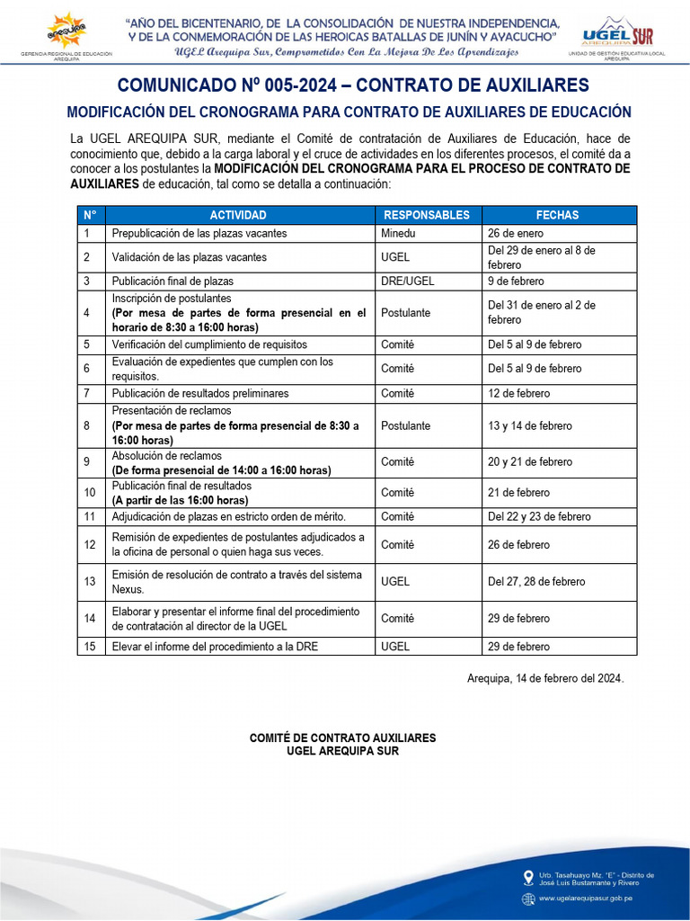 Comunicado N°005 2024 Contrato de Auxiliares | PDF