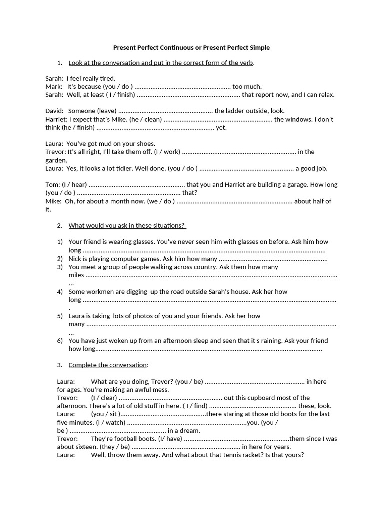 Present Perfect Continuous Exercises | PDF
