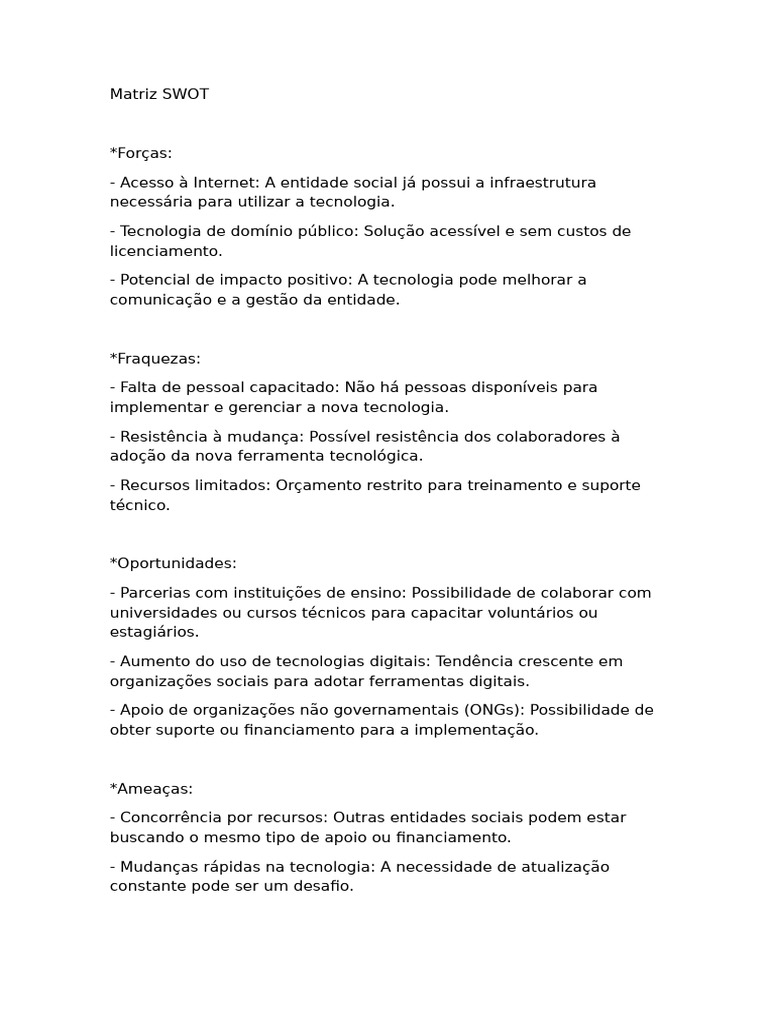 Matriz SWOT | PDF | Partes interessadas (corporativo) | Comunicação