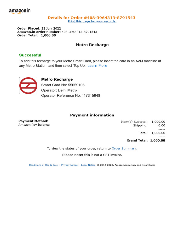 Amazon Metro Recharge Order Details | PDF