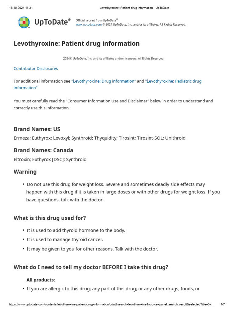 Levothyroxine - Patient Drug Information - UpToDate | PDF | Medical ...