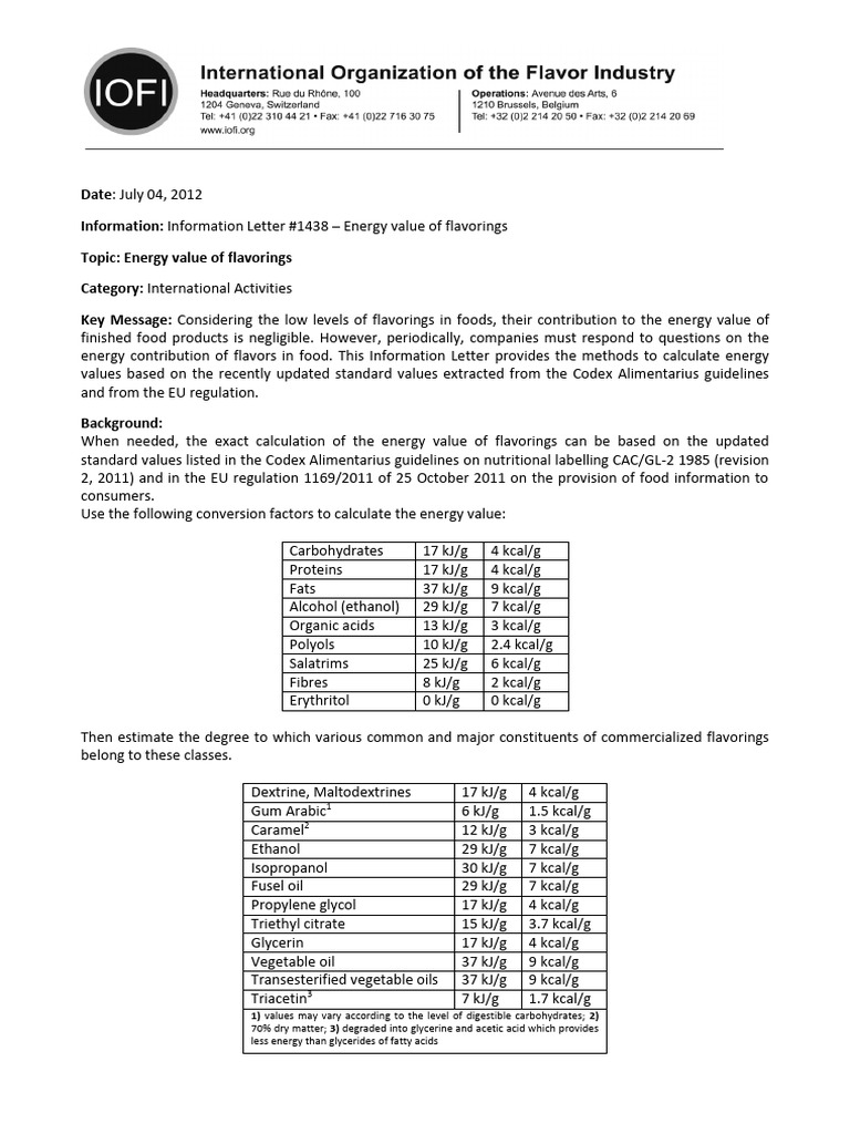 IL1438 Energy Value of Flavourings | PDF | Food Energy | Food Industry
