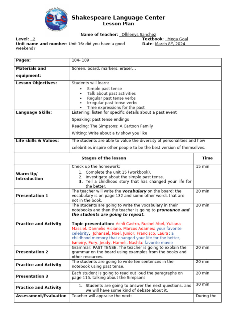 Lesson Plan SLC March 8th, 2024 | PDF | Grammatical Tense | Lesson Plan
