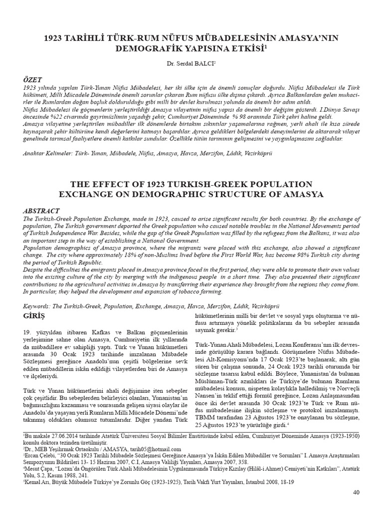 1923 Tar Hl t Rk-rum n Fus m Badeles n n Amasya Nin Demograf k Yapisina Etk s [#290015]-273514 | PDF