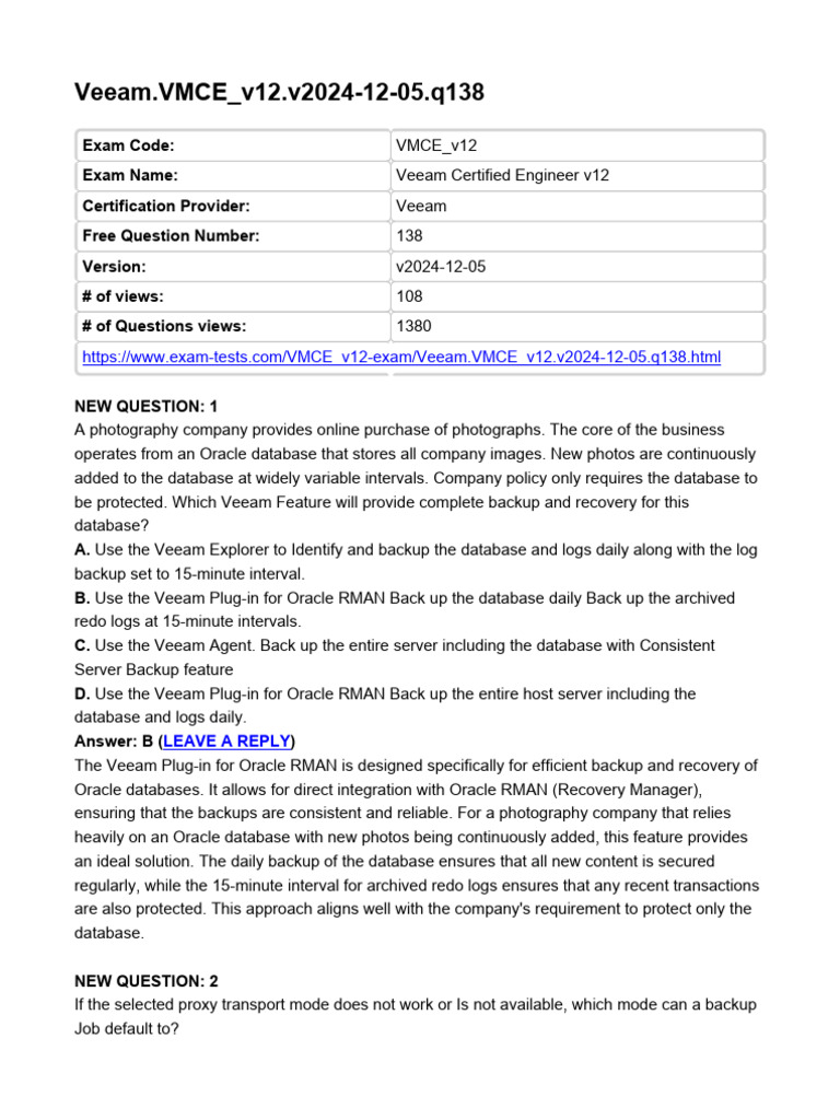 Veeam VMCE - v12 v2024-12-05 q138 | PDF | Backup | Replication (Computing)