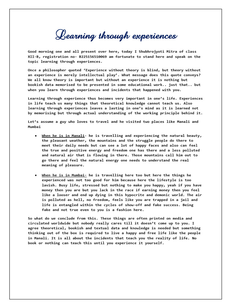 The Importance of Learning from Experience | PDF | Experience | Theory