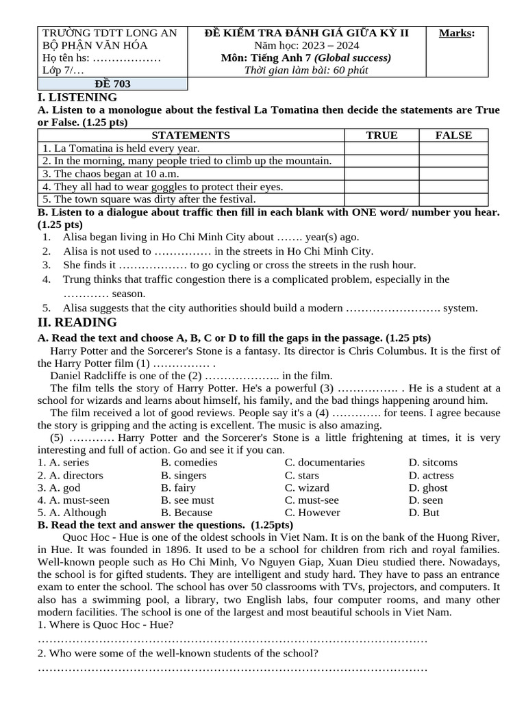 Av7 Đề 703 Giua Ki 2 03.2024 | PDF | Vietnam