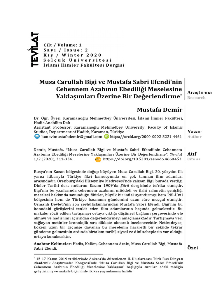 Musa Carullah Bigi Ve Mustafa Sabri Efendi Nin Cehennem Azab N N Ebedili I Meselesine Yakla Mlar ...