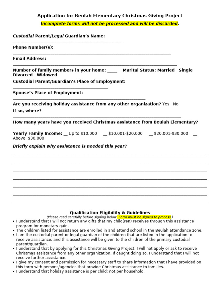 Beulah Elementary Christmas Assistance Form | PDF | Child Custody ...
