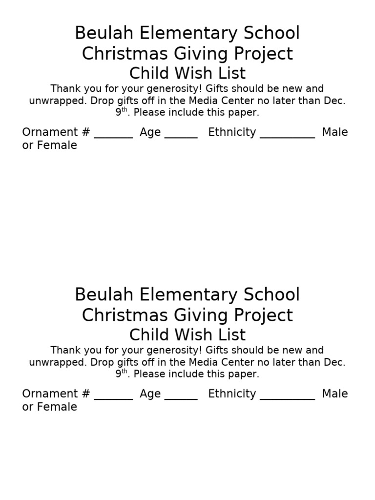 Christmas Giving Project Child Wish List Sheet | PDF