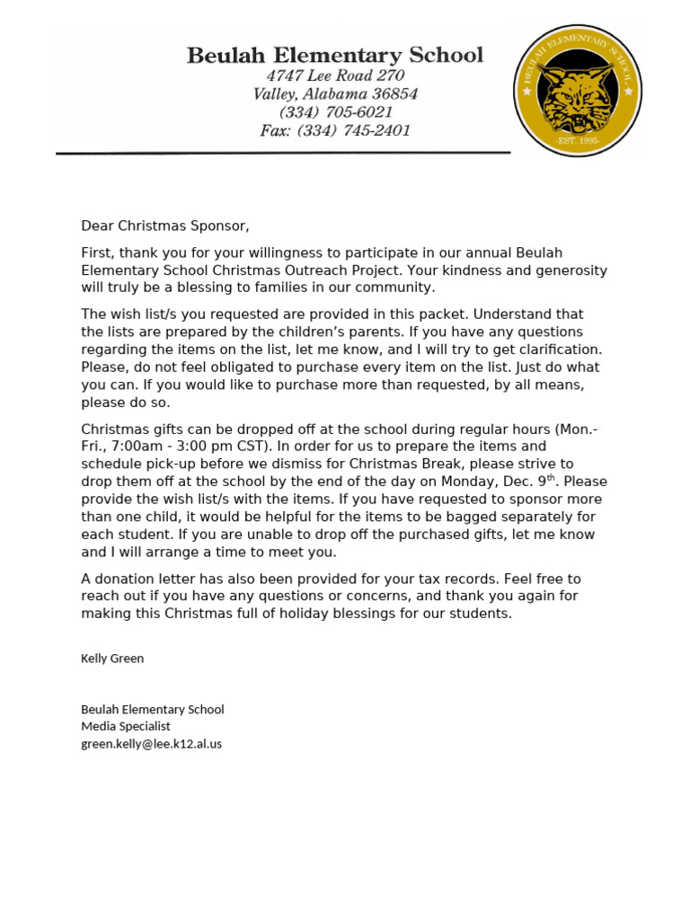 Christmas Sponsorship Letter to Donors | PDF