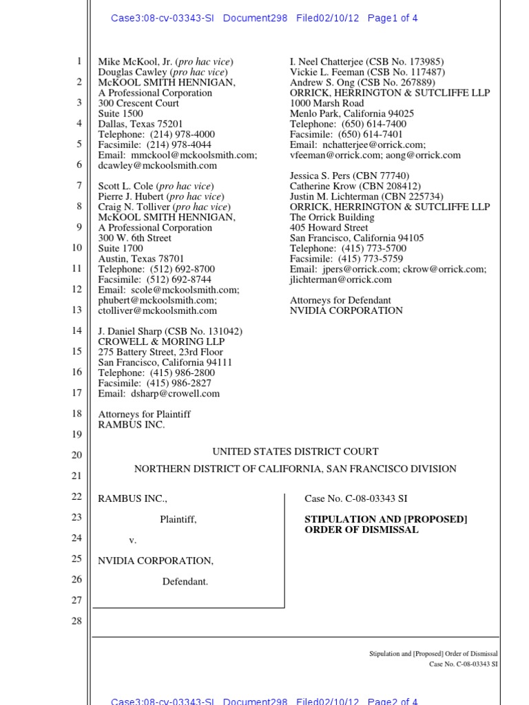 Stipulation and (Proposed) Order of Dismissal Case No. C-08-03343 SI | PDF | Prejudice (Legal ...
