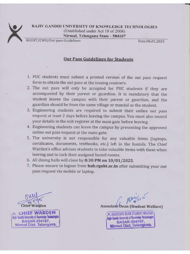 Outpass Guiselines For Students For Sankranthi | PDF