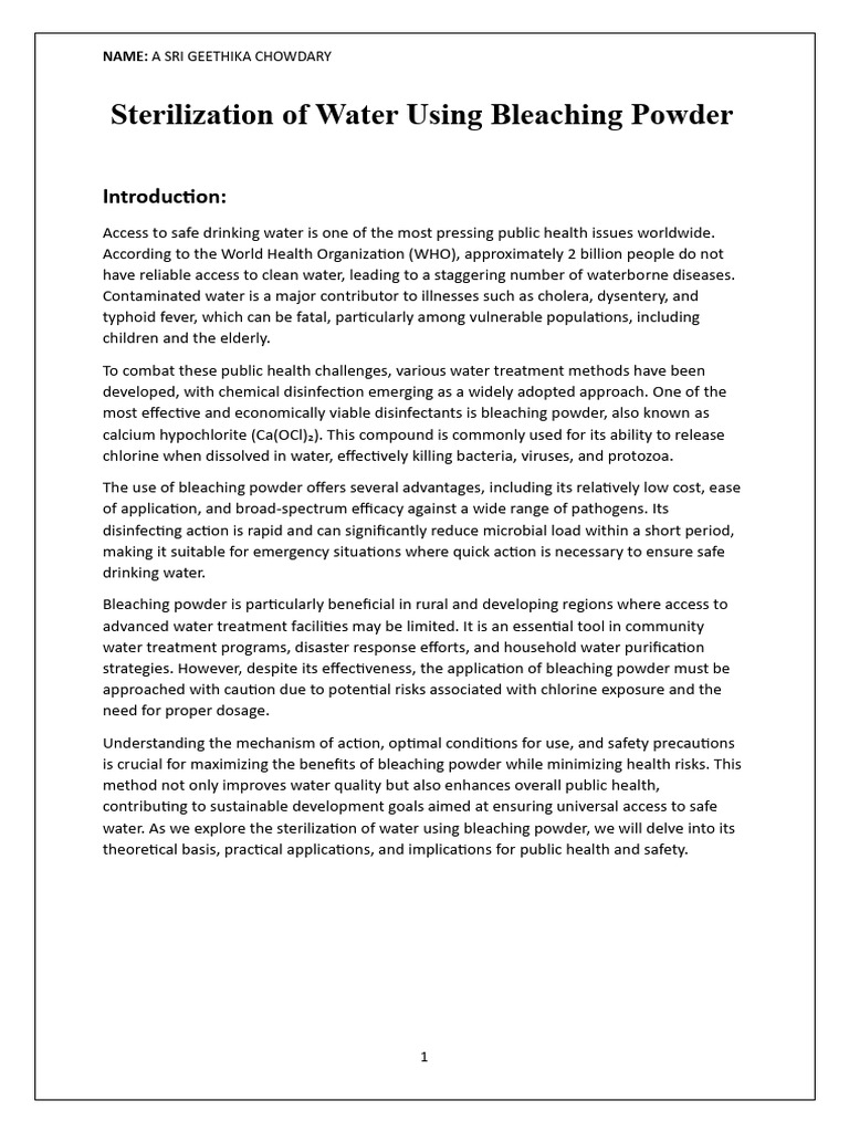Water Sterilization with Bleaching Powder | PDF | Bleach | Water Purification