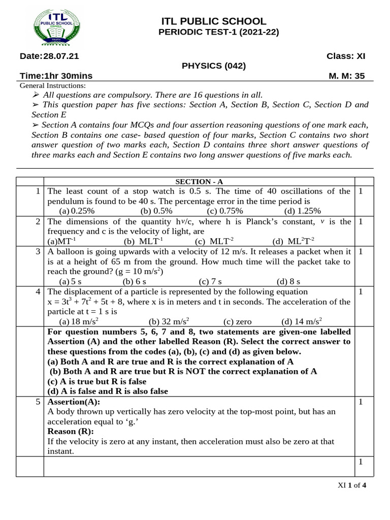 PHYSICS_XI_PT1_QP | PDF | Velocity | Acceleration