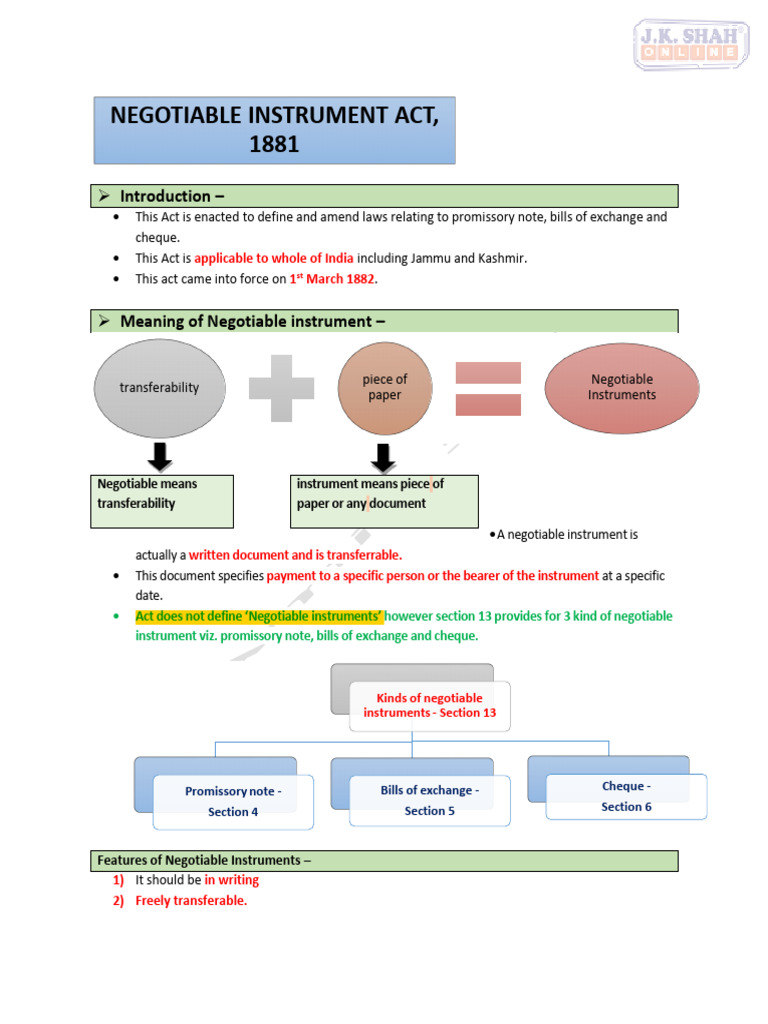 NEGOTIABLE INSTRUMENT ACT, Notes | PDF | Negotiable Instrument | Cheque
