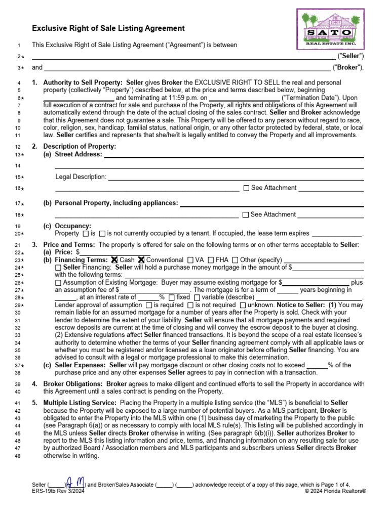 Exclusive Right of Sale Listing Agreement - Transaction Broker | PDF ...