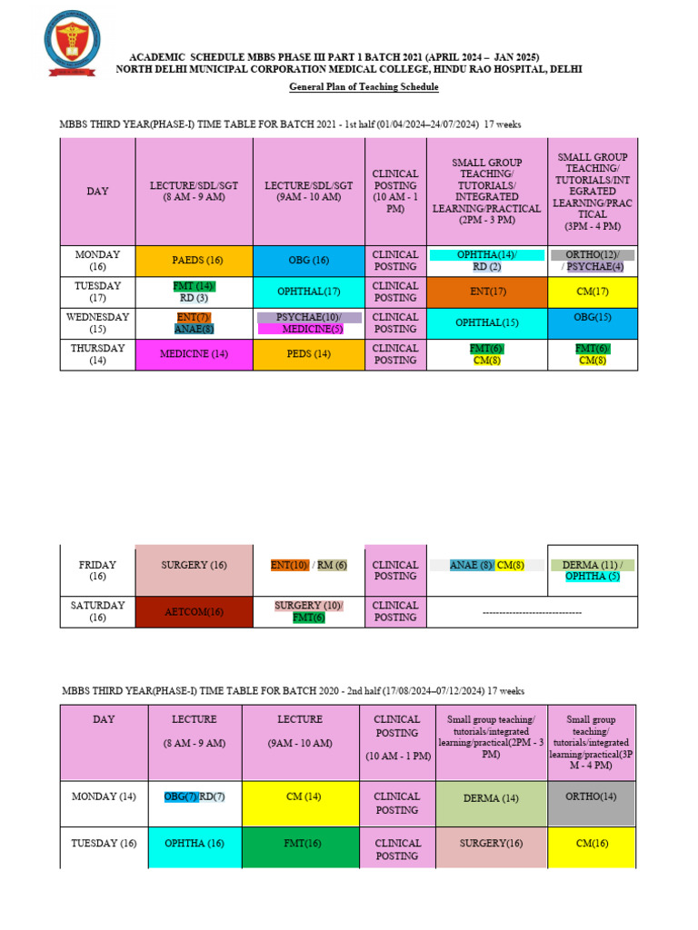 ACADEMIC SCHEDULE 2021 Batch MBBS PHASE III PART 1 | PDF | Pathology ...